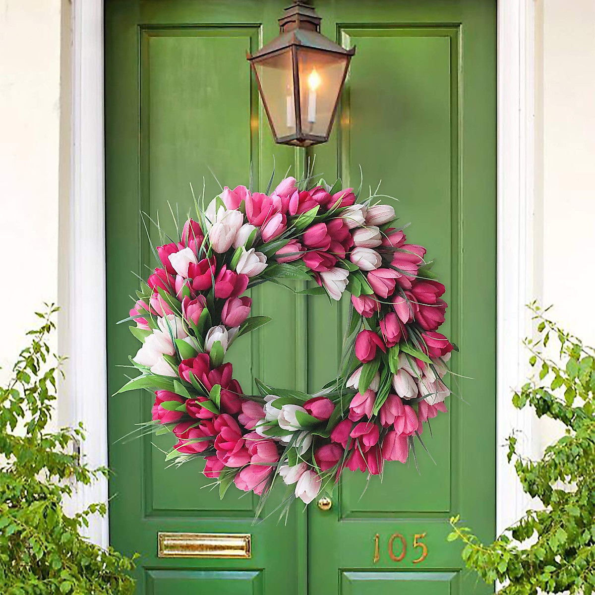 WDDH Artificial Tulip Wreath, 12inch Round Front Door Tulip Wreath with Rattan Base, Spring Tulip Floral Wreath for Wedding Arch Home Garden Decor