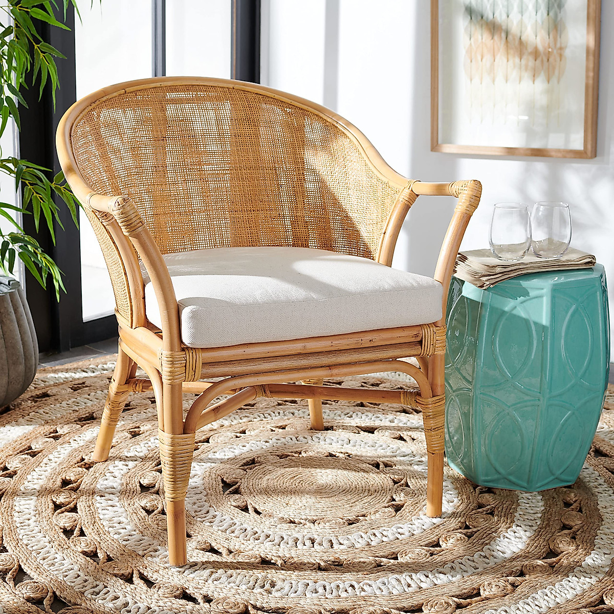 Safavieh Home Collection Dustin Rattan Cushion Accent Chair, 0, Natural/White