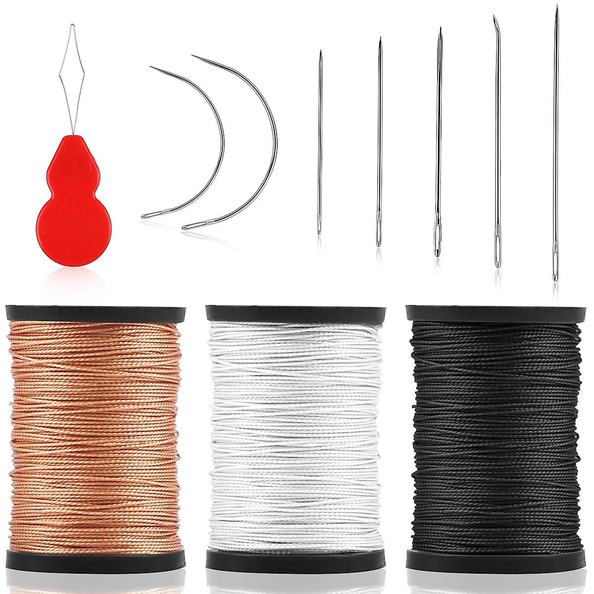 Upholstery Thread, Nylon Heavy Duty Sewing Kit, Upholstery Needle and Thread for Leather, Carpet, Furniture, Shoe, Includes 3 Rolls Thread (73.5yd Per Roll, 3 Colors), 7 Shaped Needles, 1 Threader