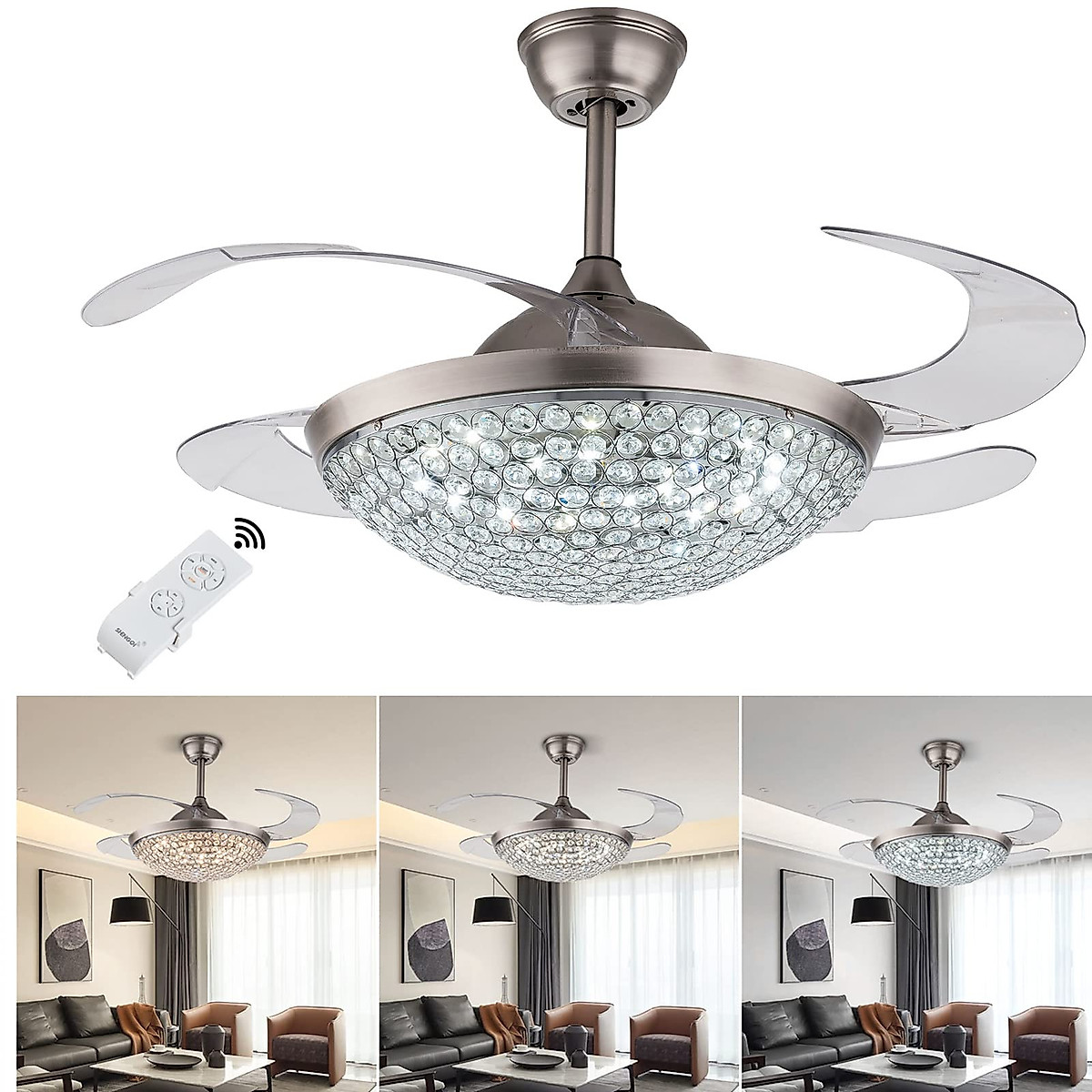 GDNTMU Ceiling Fan with Lights Remote Control 42 inch, Modern Ceiling Fan Chandelier Invisible 4 Retractable Blade with 3 Light Color Changes and 3 Speeds for Dining/Living Room Bedroom