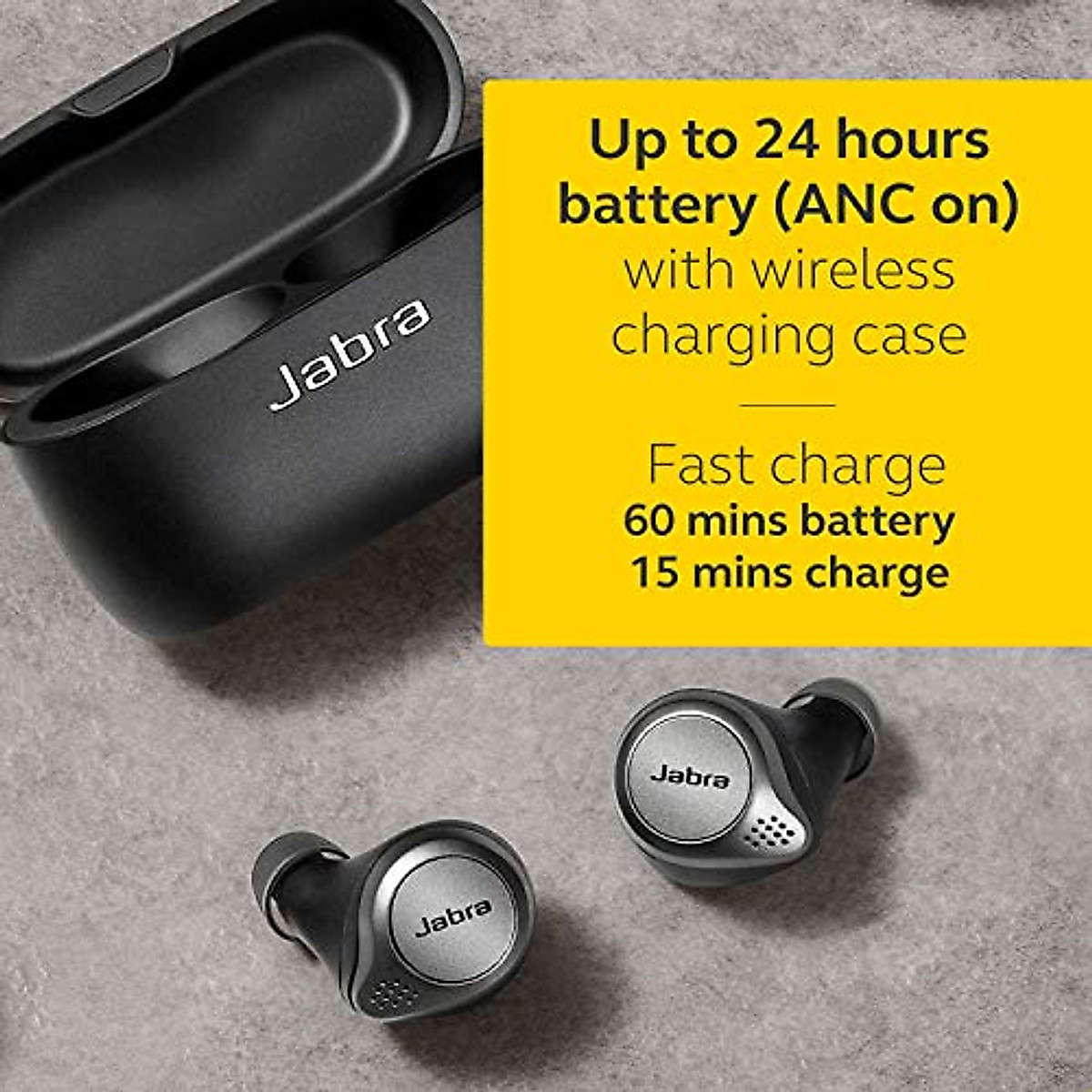 Jabra Elite 75t– True Wireless Earbuds with Charging Case, Titanium Black – Active Noise Cancelling Bluetooth Earbuds with a Comfortable, Secure Fit, Long Battery Life, Great Sound