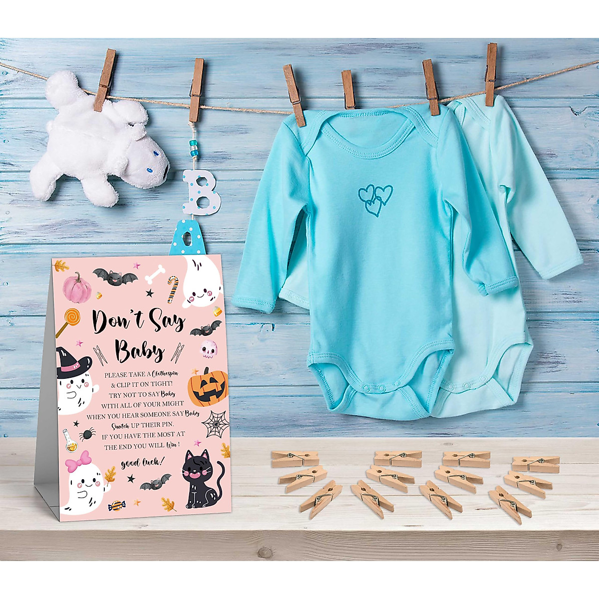 Don't Say Baby Clothespin Games Sign (1 Sign + 50 Mini Clothespins), Halloween Ghost Pumpkin Gender Neutral Gender Reveal Baby Shower Prizes Game, Halloween Baby Shower Party Decorations-SG01
