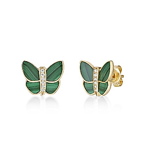 Green Malachite and Cubic Zirconia Butterfly Stud Earrings in 925 Sterling Silver with Yellow Gold Plating with Friction Back by Lavari Jewelers