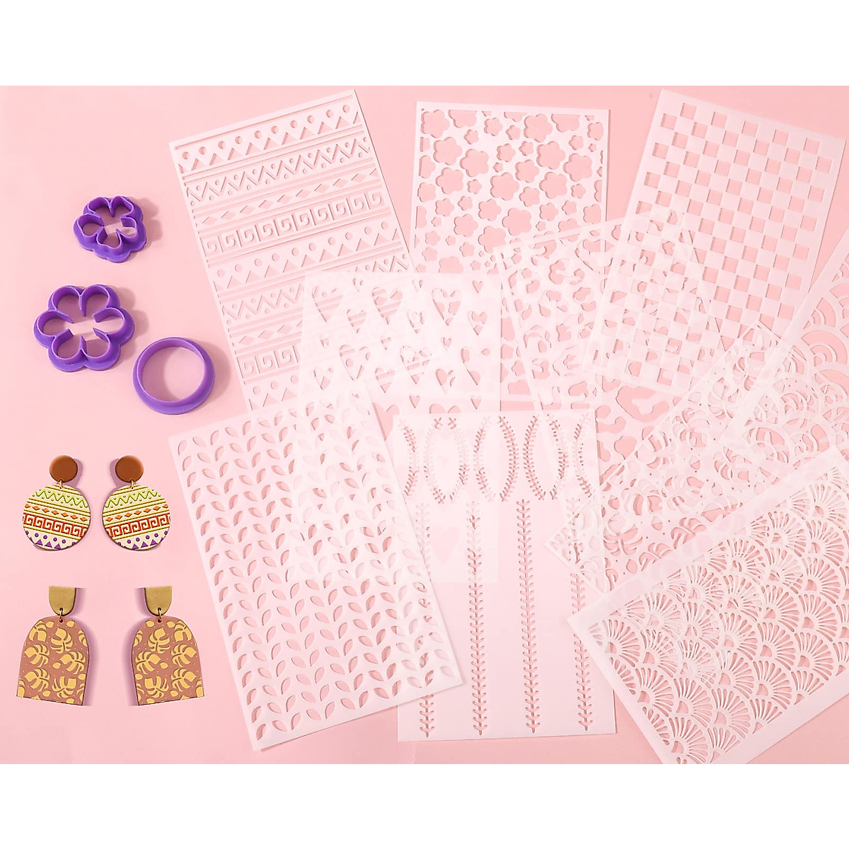 BABORUI 10Pcs Clay Texture Sheets for Polymer Clay, Reusable Clay Stamps Stencils with 2Pcs Scraper, Polymer Clay Tools Embossing Stamp Mats for Printing on Clay Earring Jewelry