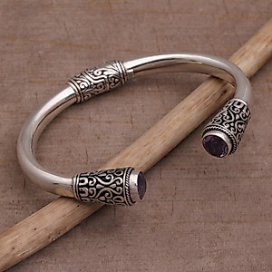 NOVICA Artisan Handmade Amethyst Cuff Bracelet Sterling Silver from Bali Purple Indonesia Birthstone [6 in L (end to End) x 0.4 in W] ' Daylight Altar'