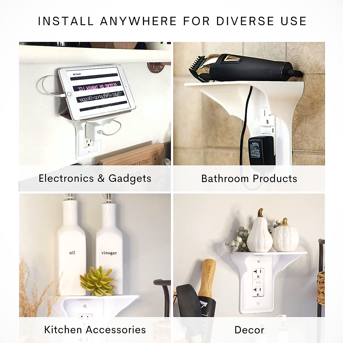 Storage Theory Power Perch Socket Outlet Shelf - Smart Home Essentials Organizer for Bathroom, Apartment, Dorm Room - Wall Shelves for Toothbrush, Echo, Speakers, Cell Phone Holder - White - 1pk