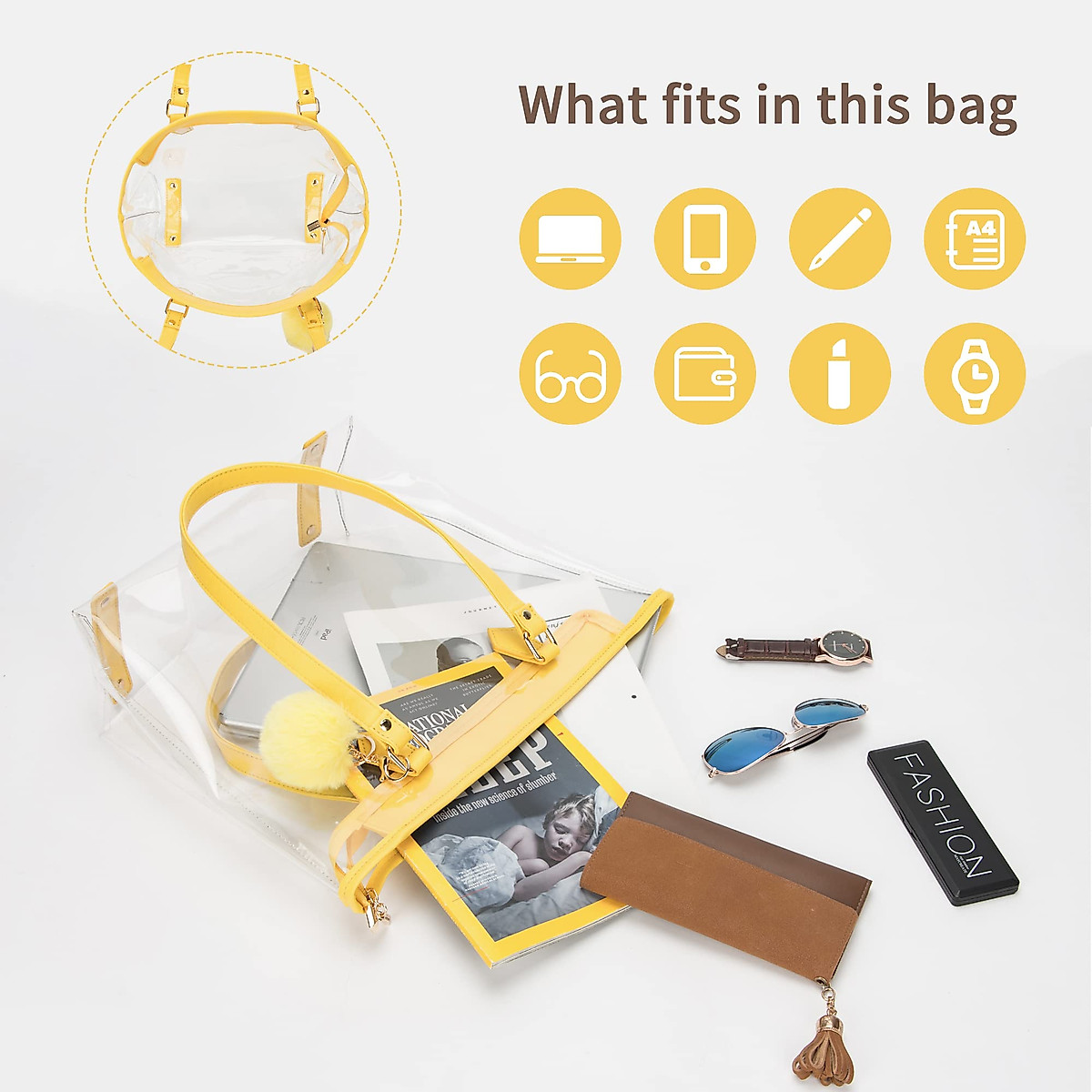 Large Clear Bag Transparent Shoulder Handbag with Yellow Plush Pendant (Yellow)