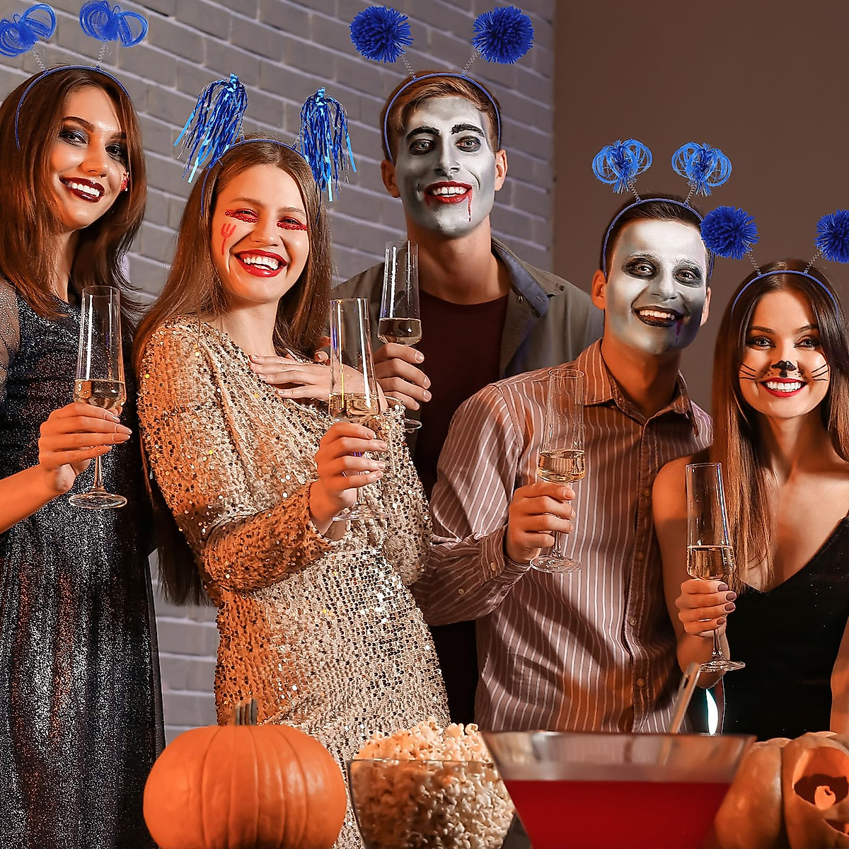 Censen 12 Pcs Pom Pom Headbands Party Headbands Tinsel Wrapped Ponytails Headbopper Headwear for Halloween Birthday Festival(Blue)