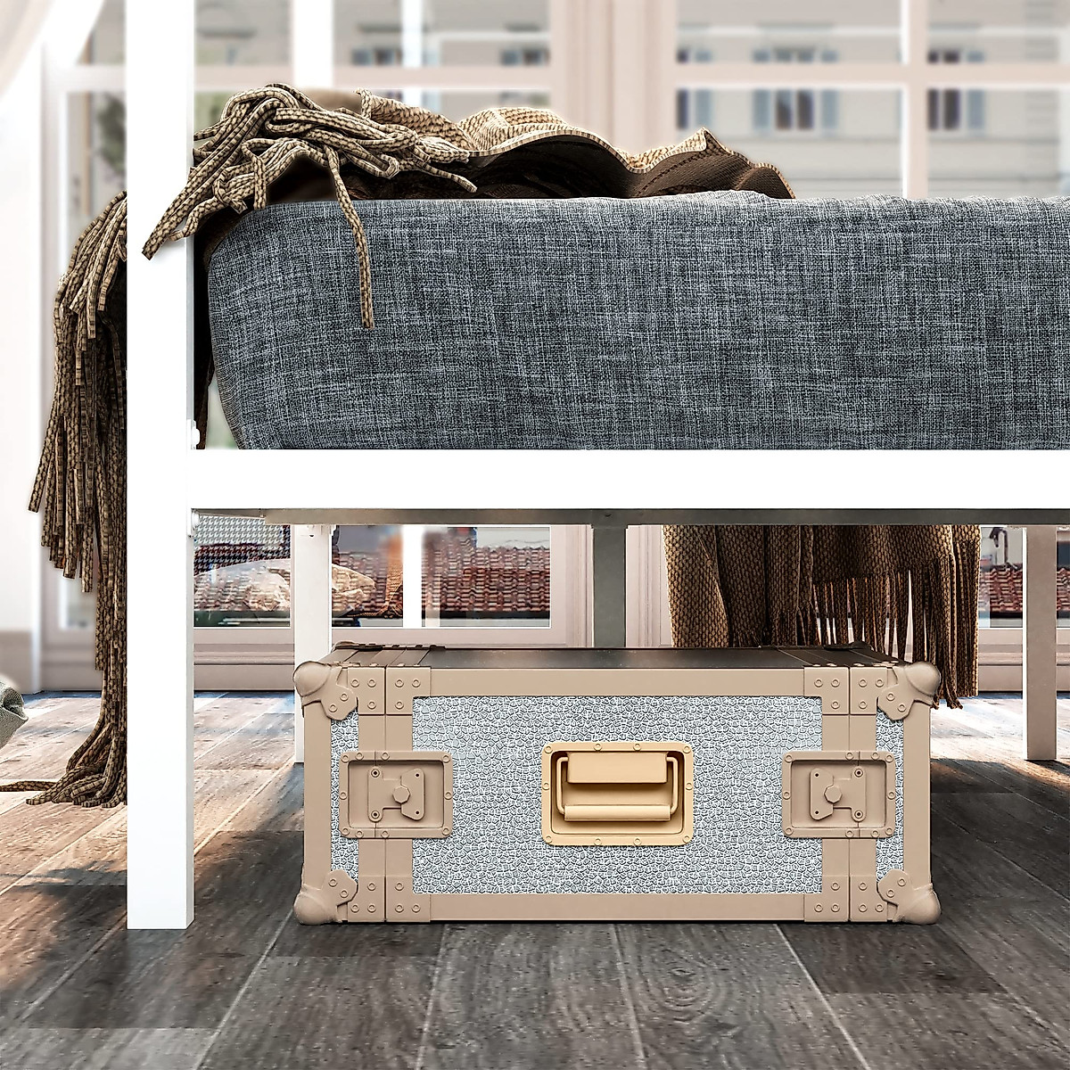 YITAHOME Canopy Bed Frame Metal Four Posters 14 Inch Platform with Built-in Headboard Strong Metal Slat Mattress Support, No Box Spring Needed, White, Queen Size