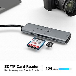 RSHTECH 7 Port Powered USB 3.0 Hub with AC Adapter + 7 in 1 USB C Hub with 8K HDMI Port, 3 10Gbps USB 3.2 Data Ports, 100W PD and SD/TF Card Reader