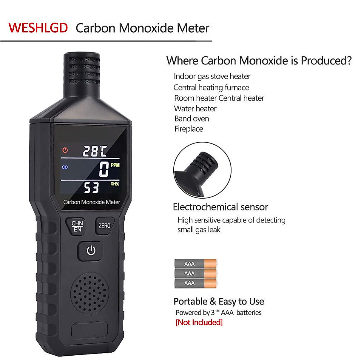 WESHLGD Handheld Carbon Monoxide Meter, Portable Battery Powered Carbon Monoxide Detector, CO Gas Tester with LCD Color Display, 3-in-1 CO Notification Detector(CO, Temperature and Humidity Display)