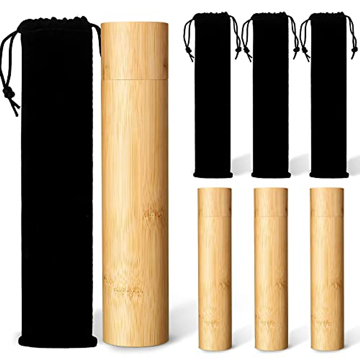 Yalikop 8Pcs(4pc mini urns & 4pc black drawstring bags)Bamboo Scattering Cremation Small Urns for Ashes Funeral Urn Tube Mini Keepsake Human Caskets Spreading & Black Drawstring Bag PET Ashes,9x2Inch