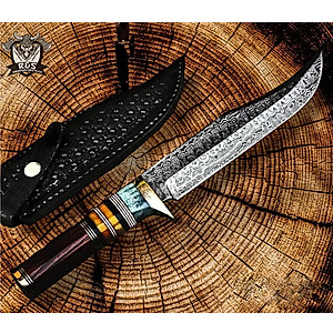 R&S INDUSTRIES CRAFTS LLC Damascus hunting knife | Custom Handmade Damascus steel hunting Bush craft knife| EDC Overall 13" Knife with Genuine Leather sheath | Best Birthday & Anniversary for him