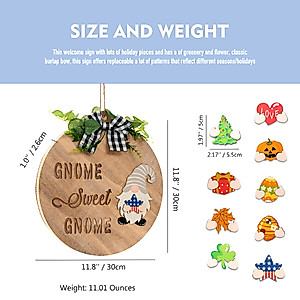 Lighted Interchangeable Gnome Welcome Door Sign, 12 inches Seasonal Front Door Gnome Sweet Gnome Home Decor Hanger, Holiday Wooden Rustic Farmhouse Wall Decor Wreaths with LED Light & 9 Season Icons