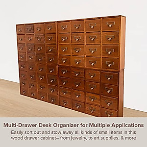 64-Drawer Wooden Storage Box (39.2”x3.9”x27.56”) Traditional Apothecary Cabinet in Walnut Wood - 64-Slot Wooden Desk Drawer Unit w/Label Holders & Handles - Multi Level Countertop Drawer Organizer