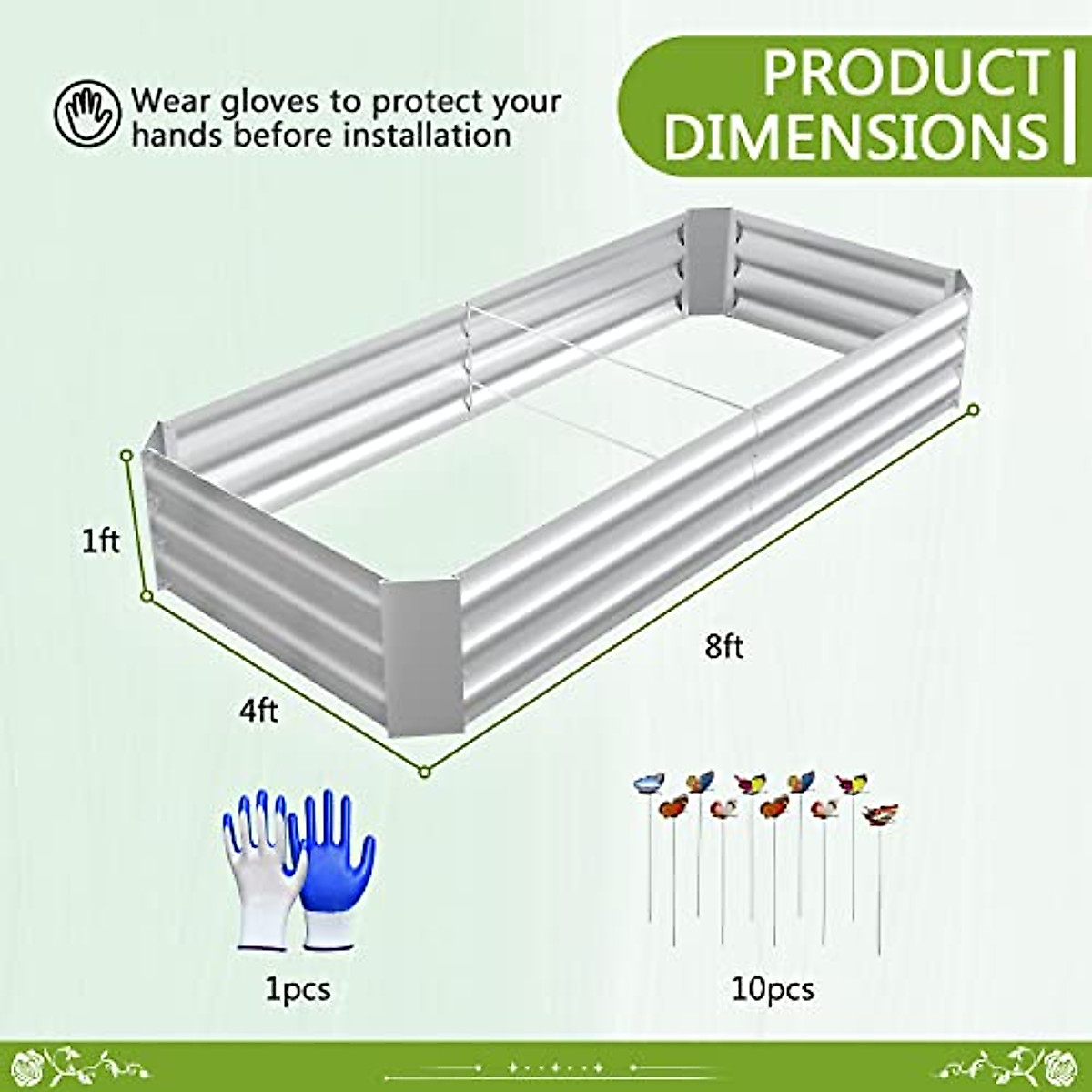 RAXSINYER 8x4x1FT Raised Garden Bed, Galvanized Raised Garden Beds Outdoor for Vegetables, Fruits, Flower, Large Metal Planter Raised Garden Boxes with Gloves and Labels