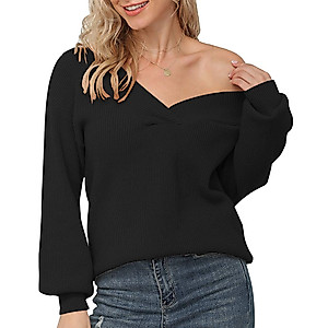 Feiersi Women's Off Shoulder Sweater Long Sleeve Loose Tops V-Neck Pullover Knit Jumper(Black,X-Large)
