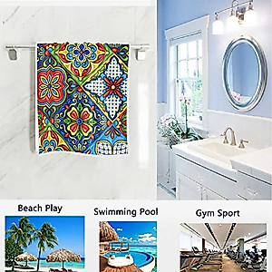 Anyangquji Mexican Talavera Tile Hand Towels Soft Absorbent Bath Large Hand Towels for Bathroom Kitchen Hotel Spa Hand Towels 15"X30"