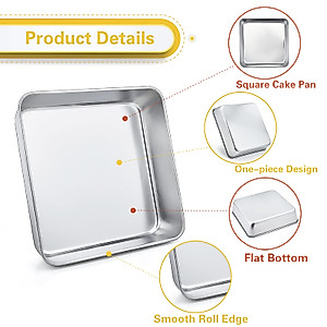 TeamFar 8 Inch Square Baking Pan, Square Cake Brownie Pan Stainless Steel for Wedding Christmas Party, Healthy & Non Toxic, Sturdy & Brushed Surface, Dishwasher Safe
