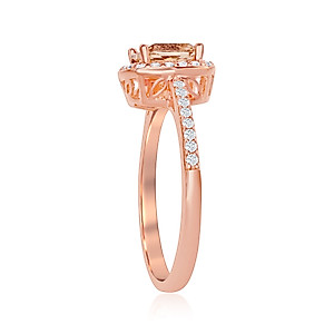 Beaux Bijoux Simulated Morganite Engagement Ring for Women | Sterling Silver Rose Gold Plated Morganite CZ Diamond Halo Ring | Square Princess Shaped Center Stone | Rose Gold Ring (Size 7)