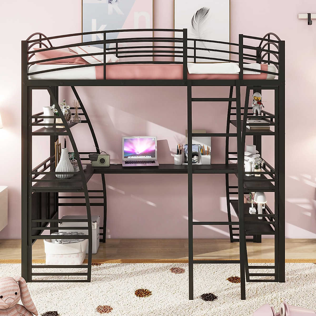 LAVHOME Twin Size Loft Bed with 4 Layers of Shelves and L-Shaped Desk, Stylish Metal Frame Bed with a Set of Sockets, USB Ports and and Wireless Charging (Black)