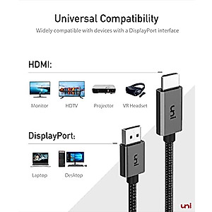 uni DisplayPort to HDMI 4K Cable 6.6FT, High Speed(1440P@60Hz 1080P@120Hz) Unidirectional DP to HDMI Cable Cord [Aluminum Shell, Nylon Braid] Compatible with HP, DELL, GPU, AMD, NVIDIA etc.