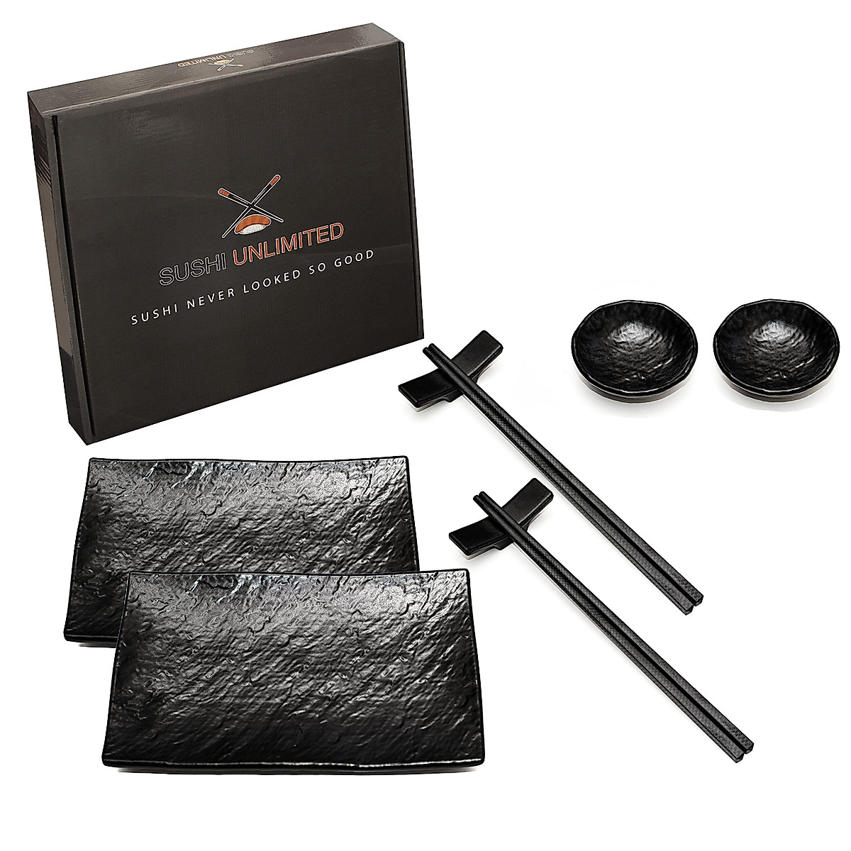 Sushi Unlimited Sushi Set for Two: Sushi Plates, Soy Sauce Bowls, Chopsticks, Includes Chopstick Holders!
