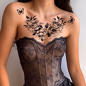 ROARHOWL sexy temporary tattoos for women,sexy tattoo kit, beautiful and exquisite,3D realistic flowers, butterflies, abdomen, chest, waist and back apply false tattoos for girl (Design 3)