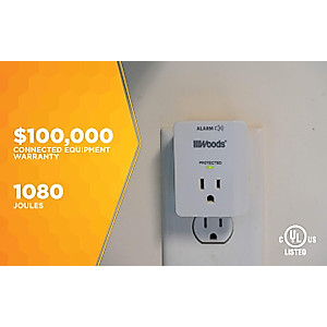 Woods 41008 Surge Protector One 3-prong Power Outlet LED Indicator Light and Alarm, 1080J, White