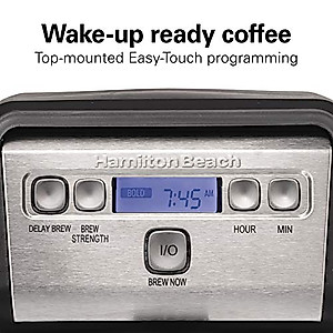 Hamilton Beach 12 Cup Compact Programmable Drip Coffee Maker with No-Drip Burosilicate Glass Carafe, 2-Hour Auto Shutoff, Space-Saving Design, Black with Stainless Steel Accents (46200)
