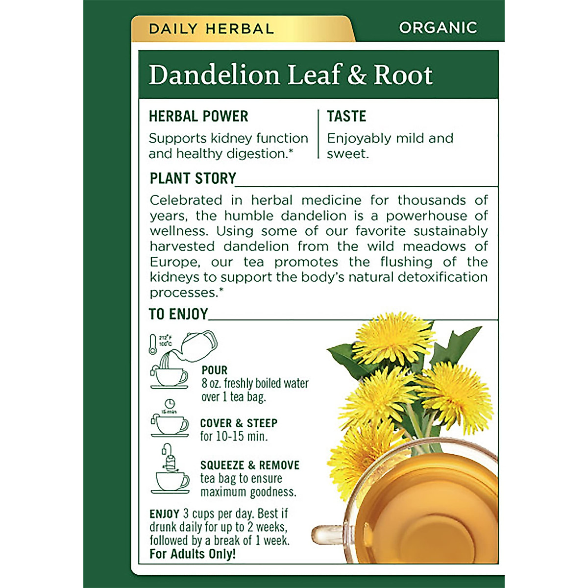Traditional Medicinals Organic Dandelion Leaf & Root Herbal Tea, Supports Kidney Function & Healthy Digestion, (Pack of 3) - 48 Tea Bags Total