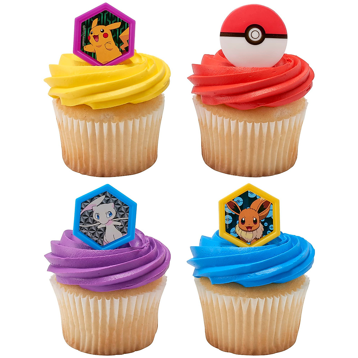DecoPac Pokémon I Choose You Rings, Cupcake Decorations With Pikachu, Eevee, Mew, and Poké Ball, Multicolored Food Safe Cake Toppers – 24 Pack