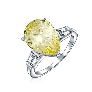 Bridal Wedding 7CT Canary Yellow AAA CZ Pear Shaped Brilliant Cut Solitaire Teardrop Statement Engagement Ring For Women Thin Band .925 Sterling Silver Cubic Zirconia Baguette Side Stones