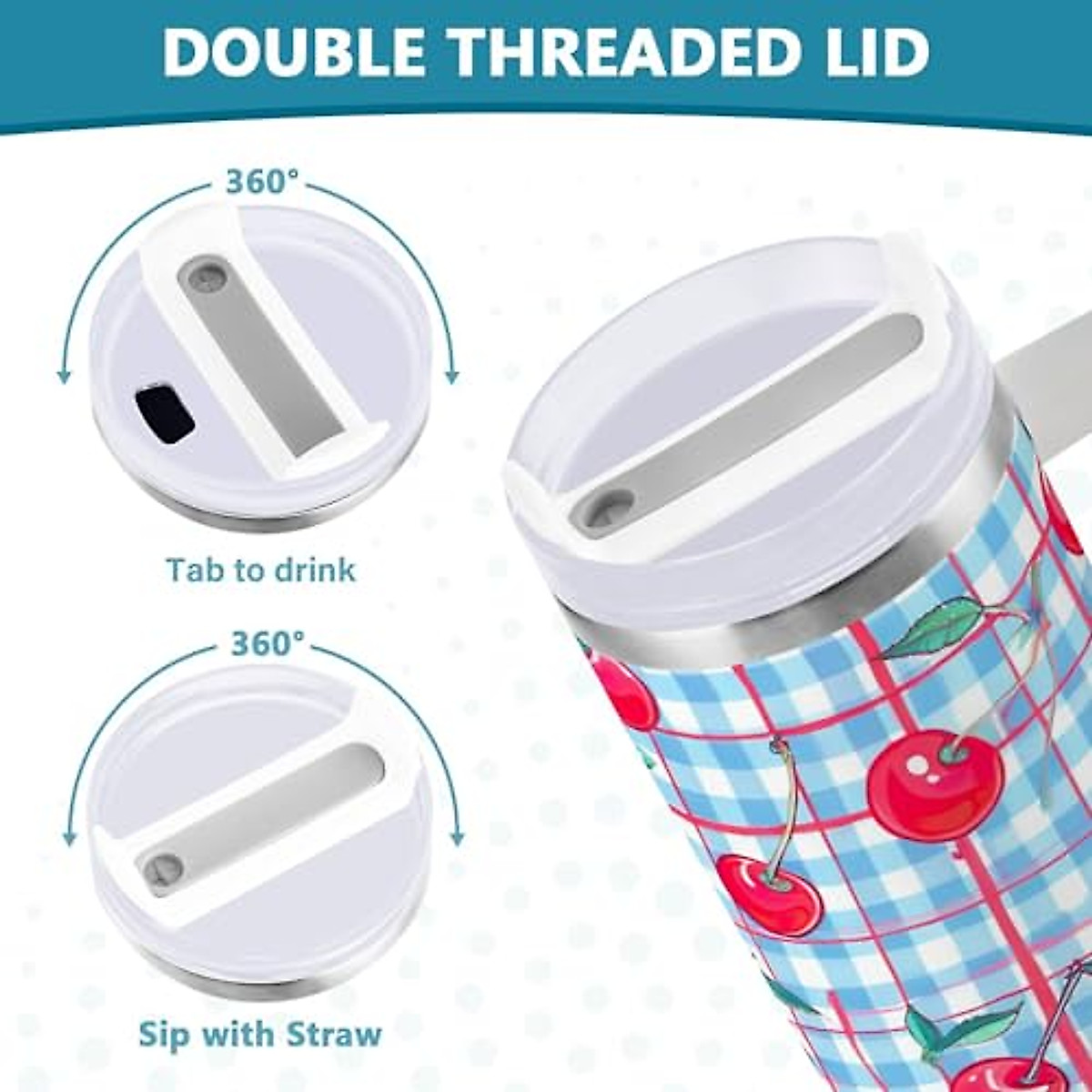 RPLIFE Kawaii Cherry Grid Pastel Stainless Water Bottle, Insulated Coffee Cups with Lids, Tumblers for Women