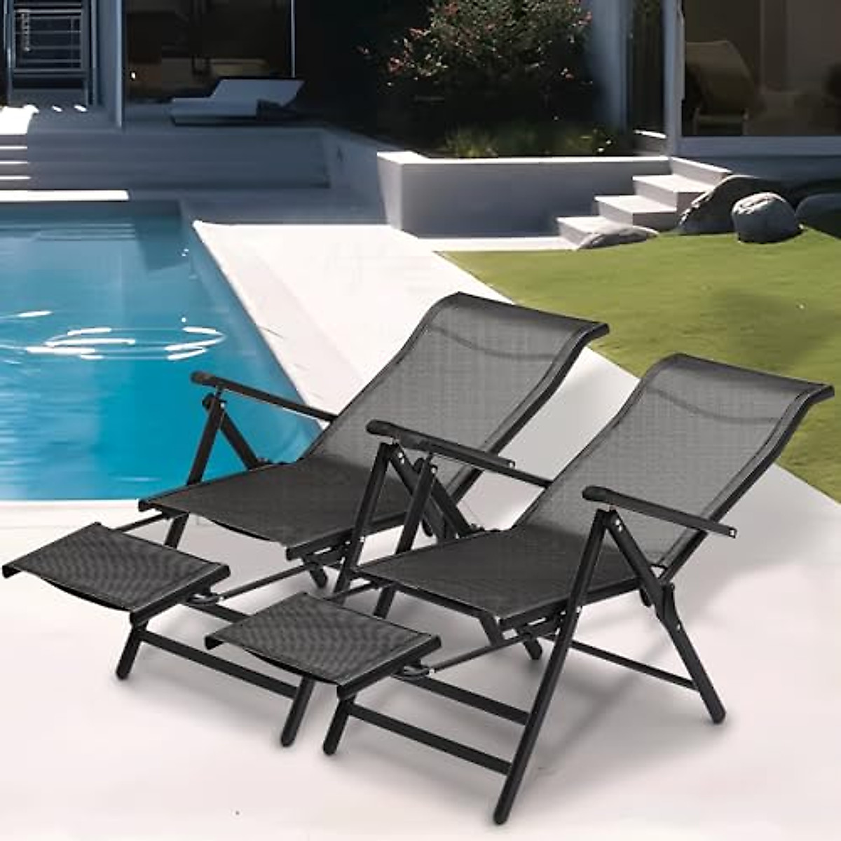 MoNiBloom 3 in 1 Outdoor Lounge Chairs Set of 2 Folding Recliner Patio Lounge Chair with Retractable Footrest, Furniture Outdoor Large Angle Adjustment Chair for Deck Patio Beach Yard, 330lbs