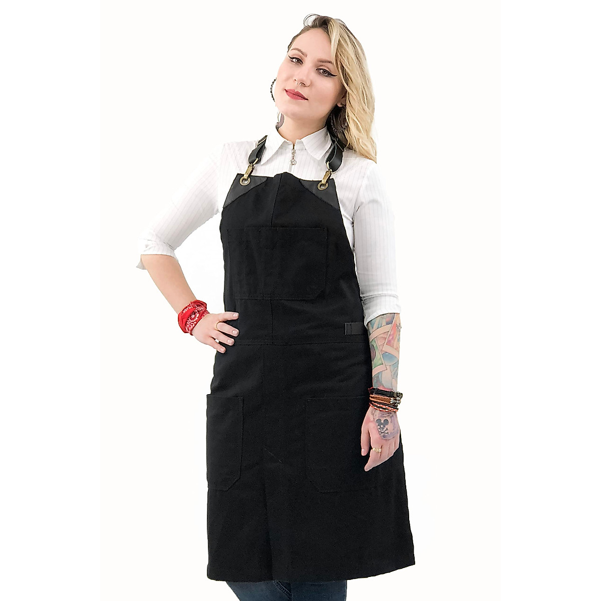 Under NY Sky No-Tie Black Apron with Full Grain Leather Straps – Durable Twill, Split-Leg, Adjustable for Men and Women – Pro Chef, Pastry, Tattoo Artist, Barista, Bartender, Stylist, Server Aprons