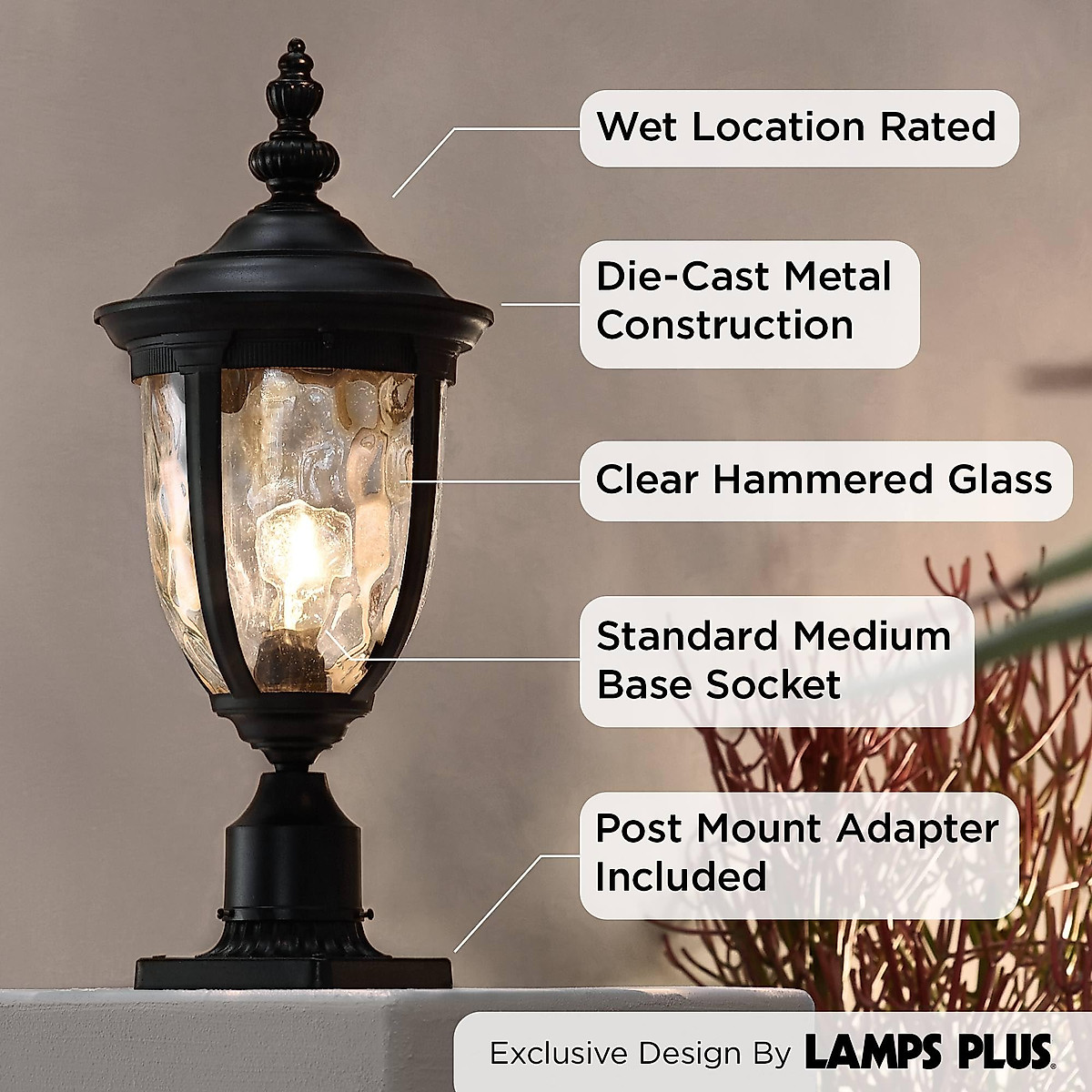 John Timberland Bellagio Traditional Post Light Pier Mount Textured Black 22 3/4" Clear Hammered Glass for Exterior House Porch Patio Outside Deck Garage Yard Garden Driveway Home Lawn Walkway