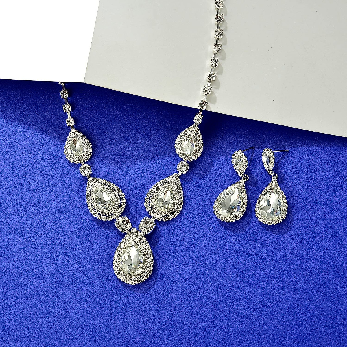 3 Pack Bridal Rhinestone Crystal Necklace Link Bracelet and Teardrop Dangle Earrings Jewelry Set Gifts fit with Wedding Dress Party
