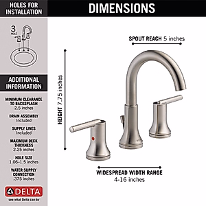 Delta Faucet Trinsic Widespread Bathroom Faucet Brushed Nickel, Bathroom Faucet 3 Hole, Diamond Seal Technology, Metal Drain Assembly, Stainless 3559-SSMPU-DST