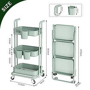 DTK 3 Tier Foldable Rolling Cart, Metal Utility Cart with Lockable Wheels, Folding Storage Trolley for Living Room, Kitchen, Bathroom, Bedroom and Office, Green