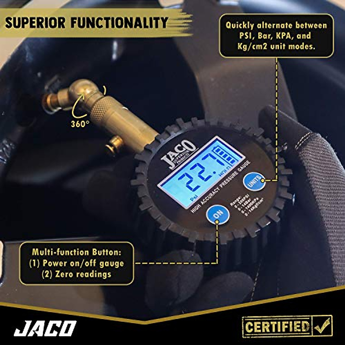 JACO Elite Digital Tire Pressure Gauge - Professional Accuracy - 100 PSI