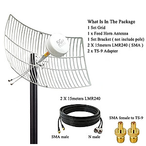 MIMO 4G LTE/ 5G Antenna Outdoor Directional Long Range Parabolic Grid Antennas for t-Mobile 4G LTE/5G WiFi Hotspots/High Gain 2x2 30dBi/ 698-6000MHz/ 2pcs 15meters LMR240 Cable SMA TS-9