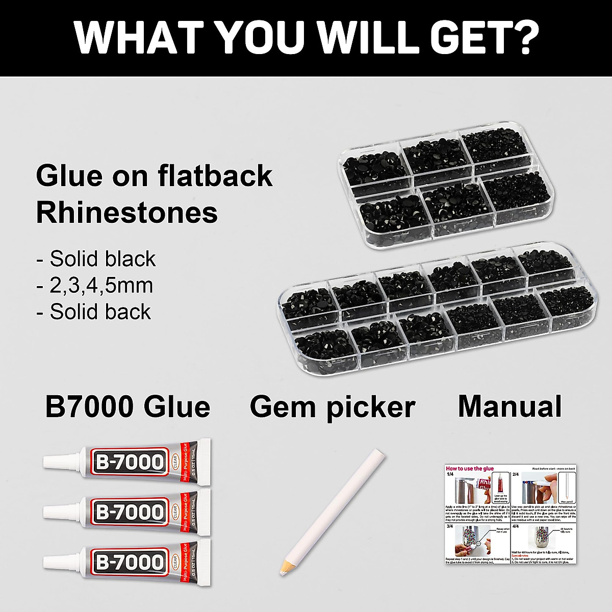b7000 Glue with 7500Pcs Black Rhinestones for Crafts Clothes Clothing Fabric, Shiny Black Flatback Crystals for Shoes Shirt Cloth Bows,Flat Back Diamonds Set Bedazzle Gems kit Jewels 2-5mm 4 Sizes Mix
