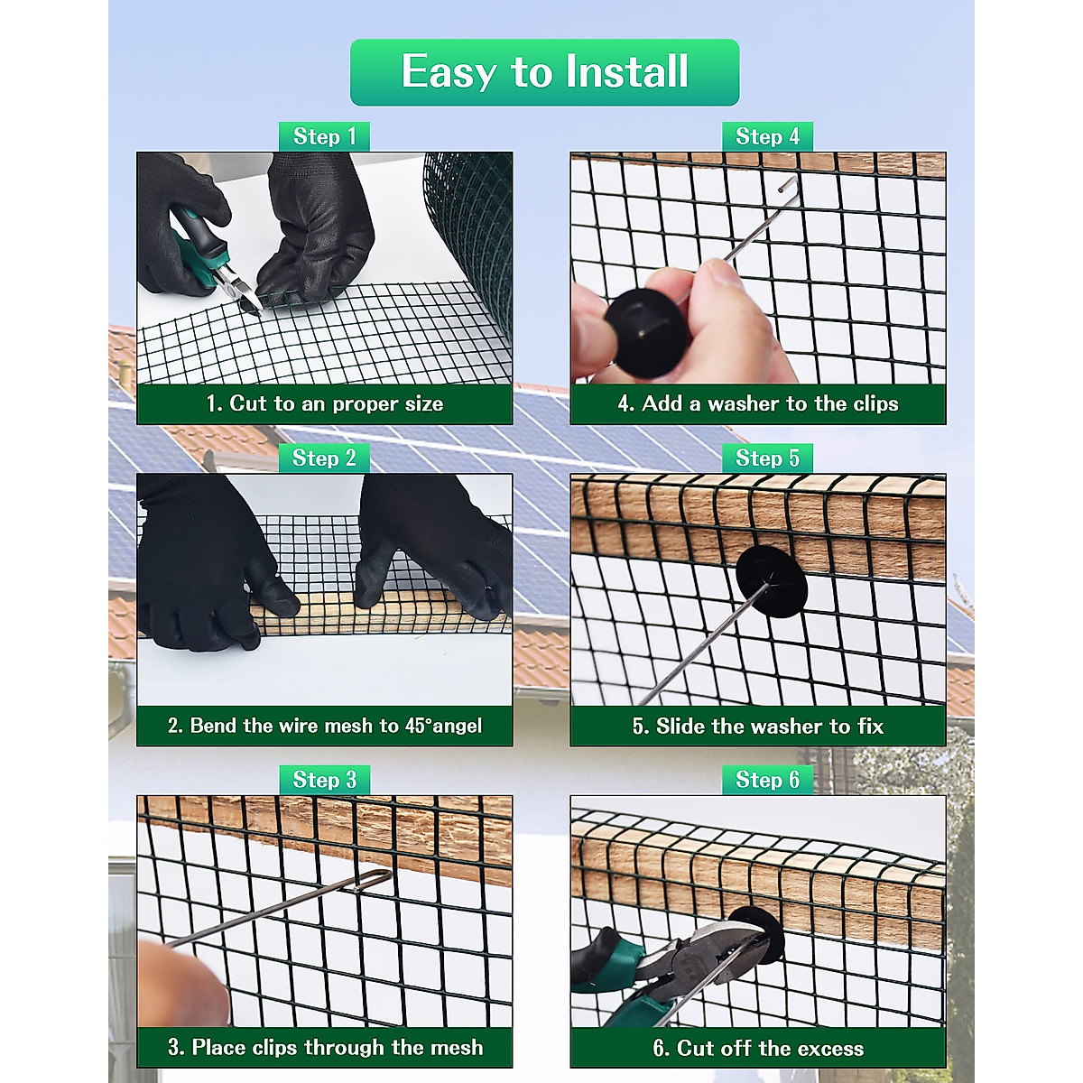 FUTRPOW Solar Panel Bird Guard,6inx120ft Critter Guard with 100pcs Fastener Clips,PVC Coated Galvanized Critter Guard for Solar Panels,Solar Panel Mesh with Plier,Gloves for Bird Proofing