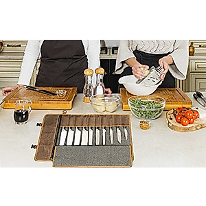 Denifiter Professional Chef's Knife Bag with Anti Cutting Fabric Inside, Heavy Duty 16oz Waxed Canvas Knife Roll, 11 Slots & Durable Handle Adjustable Shoulder Strap (Grey)