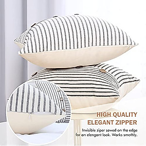 Farmhouse Button Pillow Covers 18 x 18, Black and Beige Striped Patchwork Pillow Covers, Set of 2 Modern Accent Square Couch Pillow Cases, Decorative Pillowcases with Buttons for Sofa Couch Bed