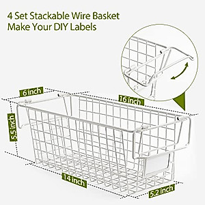4 Pack Large Stackable Wire Baskets For Pantry Storage and Organization - Metal Storage Bins for Food, Fruit - Kitchen Bathroom Closet Cabinets Countertops Organizer, White