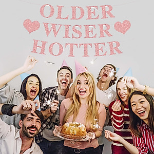 Older Wiser Hotter Banner Funny Birthday Party Decorations for Women Rose Gold Glitter Happy Birthday Banner 21st 30th 40th 50th 60th 70th 80th Birthday Party Supplies (Rose Gold)