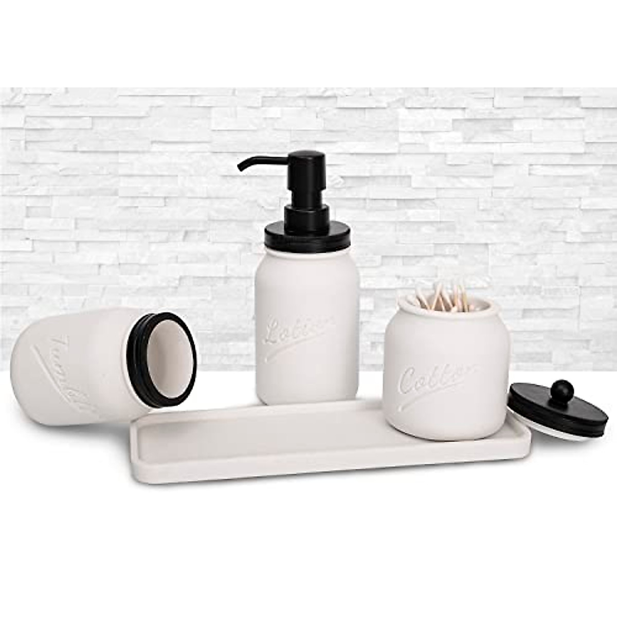 Bathroom Accessory Set,Mason Jar Bathroom Accessory Set, 4 Pcs Bathroom Accessory Set, White Quartz Sand, Include Lotion Dispenser &Tumbler& Cotton Jar&Tray