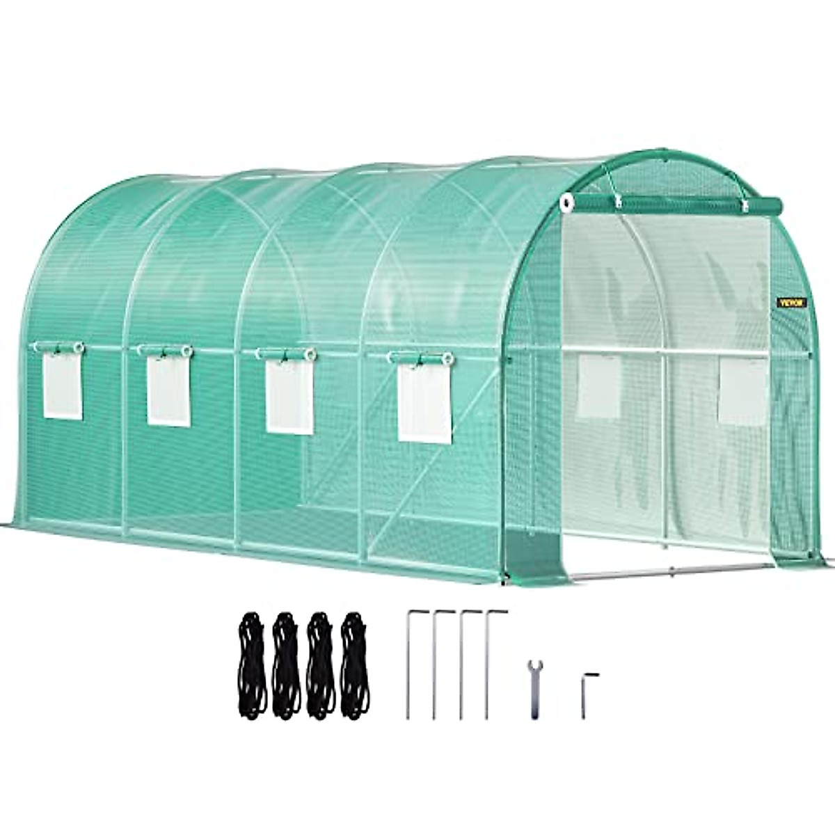 VEVOR Walk-in Tunnel Greenhouse, 14.8 x 6.6 x 6.6 ft Portable Plant Hot House w/ Zippered Door, 8 Roll-up Windows, Galvanized Steel Hoops, 1 Top Beam, and 2 Diagonal Poles, Green